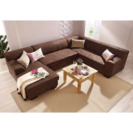 Wohnlandschaft Home Affaire "Falk klare Linien, zeitlos und komfortabel, U-Form", braun (mocca), B:320cm H:77cm T:90cm, Luxus-Microfaser (100% Polyester);Microfaser PRIMABELLE (100% Polyester);Microfaser in Antiklederoptik (100% Polyester), Sofas, Wohnlandschaft, mit Federkern und wahlweise mit Bettfunktion