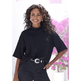 Kurzarmshirt Lascana "mit Stehkragen", Damen, Gr. 44/46, schwarz, Cr&ecirc;pe, Obermaterial: 97% Polyester, 3% Elasthan, unifarben, l&auml;ssig geschnitten, Shirts Kurzarmshirt, aus b&uuml;gelfreier Cr&ecirc;pe-Qualit&auml;t, Topseller
