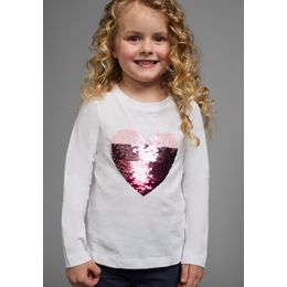 Langarmshirt Kidsworld "mit Paillettenherz zum Wenden", M&auml;dchen, Gr. 116/122, wei&szlig;, Jersey, Obermaterial: 100% Baumwolle, bedruckt, Basic h&uuml;ftlang, Rundhals, abgesteppte Kante, Shirts Langarmshirt, Langarm, Basic-Passform, mit glitzernden Pailletten