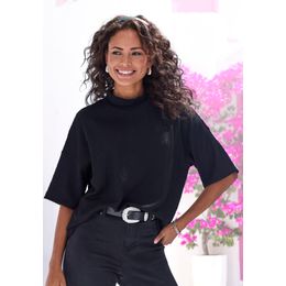 Kurzarmshirt Lascana "mit Stehkragen", Damen, Gr. 52/54, schwarz, Cr&ecirc;pe, Obermaterial: 97% Polyester, 3% Elasthan, unifarben, l&auml;ssig geschnitten, Shirts Kurzarmshirt, aus b&uuml;gelfreier Cr&ecirc;pe-Qualit&auml;t, Topseller