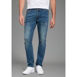 Slim-fit-Jeans Bruno Banani "Grady", Herren, Gr. 32, L&auml;nge 34, blau damaged, Obermaterial: 70% Baumwolle, 28% Polyester, 2% Elasthan, Destroyed-Effekte, schmal lang, Jeans Slim-fit-Jeans, schmale Beinweite, niedrige Leibh&ouml;he, figurbetonte Silhouette