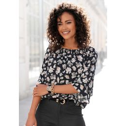 Carmenbluse Lascana, Damen, Gr. 42, schwarz (schwarz, bedruckt), Web, Obermaterial: 100% Viskose, bedruckt, figurumspielend h&uuml;ftlang, Carmenausschnitt, Volant, Blusen Carmenbluse, mit Alloverprint, Damenbluse, schulterfrei, casual, Topseller