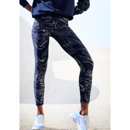 active by Lascana Funktionsleggings LASCANA ACTIVE, Damen, Gr. XL (48/50), N-Gr, blau (blau, silber), Obermaterial: 85% Polyester, 15% Elasthan, bedruckt, gemustert, gl&auml;nzend, figurbetont kn&ouml;chellang, Hosen Funktionsleggings, Sportleggings mit gl&auml;nzendem Print und 3D Schriftzug