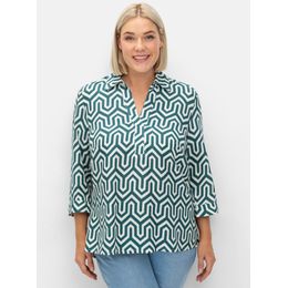 Longbluse sheego, Damen, Gr. 48, blau (petrol, gemustert), 100% Viskose, bedruckt, gemustert, mehrfarbig, V-Ausschnitt, Blusen Longbluse