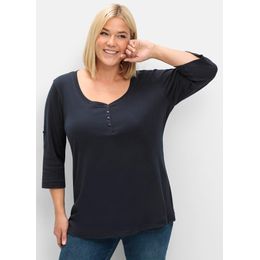 3/4-Arm-Shirt sheego "3/4-Arm-Shirt", Damen, Gr. 44/46, blau (tiefblau), 100% Baumwolle, unifarben, Rundhals, Shirts 3/4-Arm-Shirt