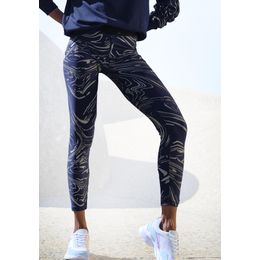 active by Lascana Funktionsleggings LASCANA ACTIVE, Damen, Gr. M (40/42), N-Gr, blau (blau, silber), Obermaterial: 85% Polyester, 15% Elasthan, bedruckt, gemustert, gl&auml;nzend, figurbetont kn&ouml;chellang, Hosen Funktionsleggings, Sportleggings mit gl&auml;nzendem Print und 3D Schriftzug