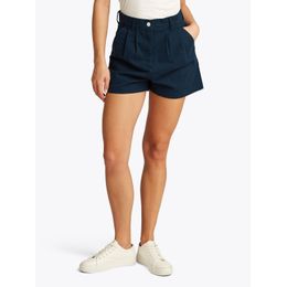 Chinoshorts Tommy Jeans "TJW CLAIRE HR PLEATED SHORT", Damen, Gr. 27, N-Gr, blau (schwarz night navy), Twill, Obermaterial: 96% Baumwolle, 4% Elasthan, unifarben, normal kurz, Hosen Chinoshorts, mit Bundfalten, mit Logostickerei