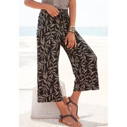 Culotte Lascana, Damen, Gr. 44, N-Gr, schwarz (schwarz, sand bedruckt), Jersey, Obermaterial: 95% Viskose, 5% Elasthan, bedruckt, figurumspielend 7/8-L&auml;nge, Hosen Culotte, mit Bl&auml;tterdruck, luftige Sommerhose in 7/8-L&auml;nge, Strandhose, Topseller