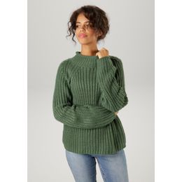 Strickpullover Aniston CASUAL, Damen, Gr. 46, gr&uuml;n (jade), Grobstrick, Obermaterial: 100% Polyacryl, unifarben, figurumspielend kurz, Raglan&auml;rmel Rippstrickb&uuml;ndchen, Pullover Strickpullover, mit Rollkante am Stehkragen