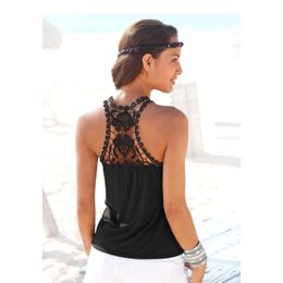 Strandtop Lascana, Damen, Gr. 44/46, schwarz, Jersey, Obermaterial: 100% Viskose. Einsatz: 100% Baumwolle, unifarben, figurumspielend h&uuml;ftlang, Wasserfallausschnitt, Tops Strandtop, mit H&auml;kelspitze und Wasserfallausschnitt vorne, Topseller