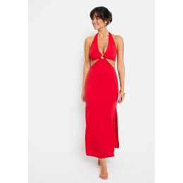 Neckholderkleid LSCN BY LASCANA, Damen, Gr. 46, N-Gr, rot (cherry, rot), Jersey, Obermaterial: 47% Baumwolle, 47% Modal, 5% Elasthan, 1% sonstige Fasern, unifarben, figurbetont lang, tiefer V-Ausschnitt, Kleider Neckholderkleid, mit Cut-outs