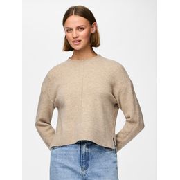 Strickpullover Pieces "PCMALOU LS O-NECK CUTLINE KNIT NOOS BC", Damen, Gr. M, beige (taupe gray detail:melange), Strick, Obermaterial: 65% Polyester, 17% Polyacryl, 10% Nylon, 5% Wolle, 3% Elasthan, meliert, loose fit h&uuml;ftlang, Rundhals, Pullover Strickpullover