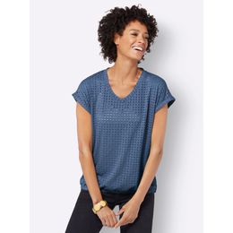 Kurzarmshirt Casual Looks "Shirt", Damen, Gr. 36, blau (jeansblau), 97% Polyester, 3% Elasthan, unifarben, V-Ausschnitt, Shirts Kurzarmshirt