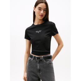 Kurzarmshirt Tommy Jeans "TJW SLIM ESS LOGO 1 TEE EXT", Damen, Gr. XXL (44), schwarz, Single Jersey, Obermaterial: 70% Baumwolle, 30% Viskose, unifarben, slim fit, Rundhals, Shirts Kurzarmshirt