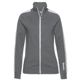 Sweatjacke BENCH. LOUNGEWEAR, Damen, Gr. 32/34, grau (stone, wei&szlig;), Jersey, Obermaterial: 60% Baumwolle, 40% Polyester, unifarben mit Farbeinsatz, bequem h&uuml;ftbedeckend, ohne Ausschnitt, Raglan&auml;rmel Rippb&uuml;ndchen, Sweatjacken Sweatjacke, mit Seitenstreifen und Stehkragen, Loungewear, Topseller