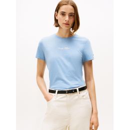 Kurzarmshirt Tommy Hilfiger "CLASSIC SCRIPT REG SS TEE", Damen, Gr. M (38), blau (brisk blau heather), Single Jersey, Obermaterial: 100% Baumwolle, meliert, Rundhals, Shirts Kurzarmshirt