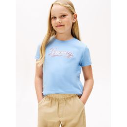 T-Shirt Tommy Hilfiger "TOMMY SCRIPT SEQUINS TEE SS", M&auml;dchen, Gr. 6 (116), blau (cloudy blau), Single Jersey, Obermaterial: 100% Baumwolle, unifarben, regular fit h&uuml;ftlang, Rundhals, Shirts T-Shirt, f&uuml;r Kinder bis 16 Jahre, mit Pailletten
