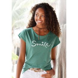 Beach Time T-Shirt BEACHTIME "mit Frontdruck "Smile", Damen, Gr. 44/46, gr&uuml;n (mint), Obermaterial: 100% Baumwolle, bedruckt, bequem normal, Rundhals, mit Aufschlag, Shirts T-Shirt, aus weicher Baumwoll-Qualit&auml;t, Topseller