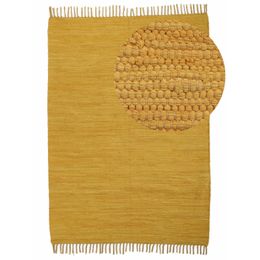 Teppich CarpetFine "Kelim Chindi uni, auch als L&auml;ufer", gelb, B:140cm H:5mm L:200cm, Baumwolle, Teppiche, Teppich, Wendeteppich, reine Baumwolle, handgewebt, Uni-Farben, mit Fransen