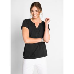 T-Shirt bonprix "Baumwoll-Shirt, Kurzarm", Damen, Gr. 40/42 (M), schwarz, Obermaterial: 100% Baumwolle, l&auml;ssig geschnitten, Shirts T-Shirt, l&auml;ssige Passform, Kurzarm, V-Ausschnitt, aus Baumwolle