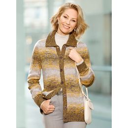 Strickjacke Classic Basics, Damen, Gr. 44, beige (ocker, dunkeltaupe, geringelt), 100% Polyacryl, gemustert, gestreift, mehrfarbig, Strickjacken Strickjacke