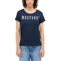 Kurzarmshirt Mustang "Damen Style Alma", Damen, Gr. L, blau (dunkelblau), Jersey, 100% Baumwolle, Rundhals, Shirts Kurzarmshirt