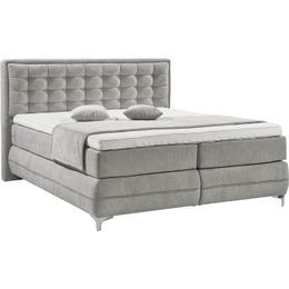 Boxspringbett Musterring "Dubai", grau (d 041 grau), B:177cm L:214cm, Komplettbetten, Boxspringbett, Winkelfu&szlig; in Chrom, 3 H&auml;rtegrade, Kopfteil in Kassettensteppung