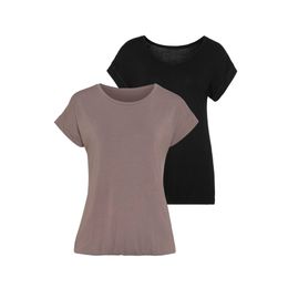 Kurzarmshirt Vivance "mit Gummizug im Bund", Damen, Gr. 48/50, grau (taupe, schwarz), Obermaterial: 95% Viskose, 5% Elasthan, unifarben, Basic, figurumspielend normal, Rundhals, angeschnitten, Shirts Kurzarmshirt, aus weichem Viskose-Stretch, Topseller