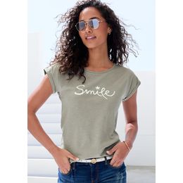 Beach Time T-Shirt BEACHTIME "mit Frontdruck "Smile", Damen, Gr. 40/42, gr&uuml;n (khaki), Obermaterial: 100% Baumwolle, bedruckt, bequem normal, Rundhals, mit Aufschlag, Shirts T-Shirt, aus weicher Baumwoll-Qualit&auml;t, Topseller