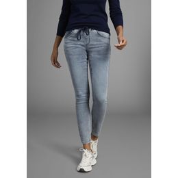 Stretch-Jeans Arizona, Damen, Gr. 46, N-Gr, blau (bleached), Jersey, Obermaterial: 59% Baumwolle, 40% Polyester, 1% Elasthan, Basic, bequem kn&ouml;chellang, Jeans Stretch-Jeans, weites Bein, normale Leibh&ouml;he, kn&ouml;chellang, mit Used-Waschung