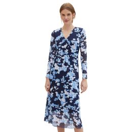 Midikleid Tom Tailor, Damen, Gr. 34, N-Gr, blau (blau cut floral design), Mesh, Obermaterial: 90% Polyester, 10% Elasthan. Futter: 100% Polyester, gebl&uuml;mt, regular fit kniebedeckend, V-Ausschnitt, Kleider Midikleid, mit Blumenmuster und V-Ausschnitt