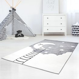Kinderteppich Carpet City "Bueno Kids 1314" Gr. 31, grau, B:140cm H:13mm L:200cm, Kunstfaser, Teppiche, Kinderteppich, Spielteppich, Mond, 3D-Effekt, Weicher Flor, Pflegeleicht