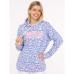 Hoodie Zwillingsherz "Leo Pastell", Damen, Gr. S/M, blau, angeraute Sweatware, Obermaterial: 50% Baumwolle, 50% Polyester, gemustert, mehrfarbig, ohne Ausschnitt, Sweatshirts Hoodie, Leomuster und WILD Applikation, Kapuze, Tasche, Baumwollmischung