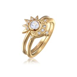 Ring-Set Elli "Ring Mond Sonne Zirkonia 2er Set 925 Sterling Silber vergoldet" Gr. 54, gold, Fingerringe, Damen, 54, Silber 925 (Sterlingsilber), Ring-Set