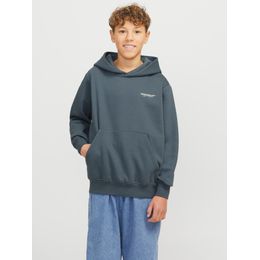 Jack & Jones Kapuzensweatshirt JACK & JONES JUNIOR "JORISLINGTON BACK SWEAT HOOD SN JNR", Jungen, Gr. 128, grau (stormy weather), angeraute Sweatware, Obermaterial: 70% Baumwolle, 30% Polyester, unifarben, loose fit normal, Rippb&uuml;ndchen, Sweatshirts Kapuzensweatshirt