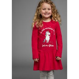 Jerseykleid Kidsworld "Einhorn", M&auml;dchen, Gr. 116/122, N-Gr, rot, Jersey, Obermaterial: 95% Baumwolle, 5% Elasthan, bedruckt, ausgestellt kniefrei, Rundhals, abgesteppte Kante, Kleider Jerseykleid, festliche Anl&auml;sse, kniefreie L&auml;nge, aus Baumwollmischung