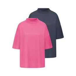 Kurzarmshirt Lascana "mit Stehkragen", Damen, Gr. 48/50, blau (pink, navy), Cr&ecirc;pe, Obermaterial: 97% Polyester, 3% Elasthan, unifarben, l&auml;ssig geschnitten, Shirts Kurzarmshirt, aus b&uuml;gelfreier Cr&ecirc;pe-Qualit&auml;t, Topseller