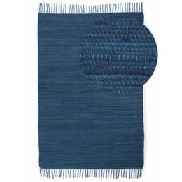 Teppich CarpetFine "Kelim Chindi uni, auch als L&auml;ufer", blau, B:140cm H:5mm L:200cm, Baumwolle, Teppiche, Teppich, Wendeteppich, reine Baumwolle, handgewebt, Uni-Farben, mit Fransen