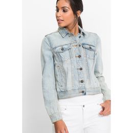 Jeansjacke bonprix, Damen, Gr. 34, blau (hellblau denim), Obermaterial: 98% Baumwolle, 2% Elasthan, schmal, Jacken Jeansjacke, casual Stil, aus Baumwolle und Elasthan, schmale Passform
