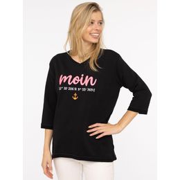 3/4-Arm-Shirt Zwillingsherz "Moin", Damen, Gr. L/XL, schwarz, angeraute Sweatware, Obermaterial: 50% Baumwolle, 50% Polyester, Shirts 3/4-Arm-Shirt, mit Moin Stickerei und Anker, ausgefranste Kanten