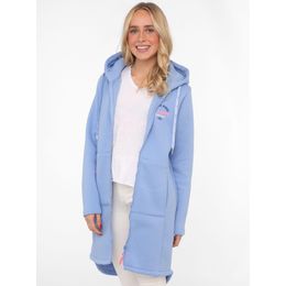 Jerseymantel Zwillingsherz "Be happy & shine", Damen, Gr. SM (S/M), blau, Obermaterial: 50% Baumwolle, 50% Polyester, comfort fit ca. Mitte Oberschenkel, V-Ausschnitt, M&auml;ntel Jerseymantel, mit auff&auml;lig gesticktem Front und Back Motiv, Topseller