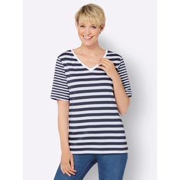 Kurzarmshirt Classic Basics "Kurzarm-Shirt", Damen, Gr. 38, blau (marine, wei&szlig;, geringelt), 100% Baumwolle, gemustert, gestreift, mehrfarbig, V-Ausschnitt, Shirts Kurzarmshirt
