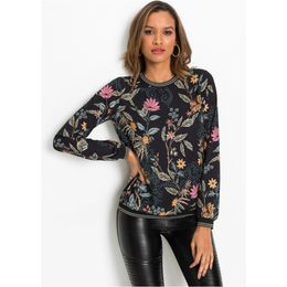 Langarmbluse bonprix, Damen, Gr. 50, schwarz (schwarz floral), Obermaterial: 100% Polyester. Einsatz: 97% Polyester, 3% metallisierte Fasern, loose fit, Blusen Langarmbluse, lockere Passform, aus Polyester, eleganter Stil