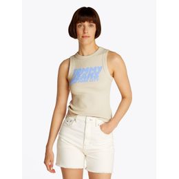 Tanktop Tommy Jeans "TJW SLIM SH TJ BUBBLE TANK", Damen, Gr. XS (34), beige (newsprint), Rippware, Obermaterial: 95% Baumwolle, 5% Elasthan, unifarben, figurbetont kurz, Rundhals, Tops Tanktop, mit Logodruck