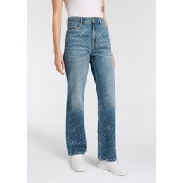 Straight-Jeans BOSS Orange "Ada High Rise Slim Premium Damenmode", Damen, Gr. 25, N-Gr, blau (medium blau 426), Denim/Jeans, Obermaterial: 100% Baumwolle, Destroyed-Effekte, bedruckt, straight fit, Jeans Straight-Jeans, mit All-Over Druck