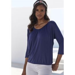 3/4-Arm-Shirt Lascana "mit zarter Raffung am Ausschnitt", Damen, Gr. 32/34, blau (navy), Jersey, Obermaterial: 95% Viskose (LENZING&trade; ECOVERO&trade;), 5% Elasthan, unifarben, Basic, figurumspielend normal, V-Ausschnitt, angeschnitten Umschlagsaum, Shirts 3/4-Arm-Shirt, aus weichem Viskose-Stretch, Topseller