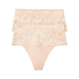 String bonprix, Damen, Gr. 50, 2 Stk., beige (puder), Obermaterial: 80% Polyamid, 20% Elasthan. Netzfutter: 84% Polyamid, 16% Elasthan. Spitze: 92% Polyamid, 8% Elasthan, unifarben, figurbetont, Unterhosen String, mit breitem Spitzenbund, elastisches Material, figurbetonte Passform