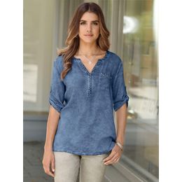 Kurzarmbluse Classic Basics, Damen, Gr. 50, blau, 100% Viskose, gemustert, unifarben, Rundhals, Blusen Kurzarmbluse