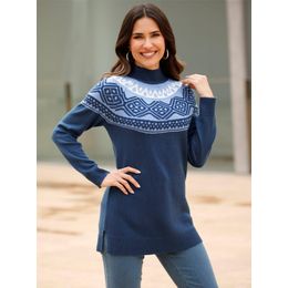 Longpullover Classic Basics "Longpullover", Damen, Gr. 46, blau (dunkelblau, bleu), 100% Polyacryl, gemustert, mehrfarbig, Pullover Longpullover