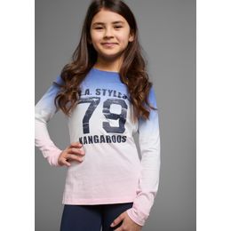 Langarmshirt Kangaroos, M&auml;dchen, Gr. 128/134, blau (marine, rosa), Jersey, Obermaterial: 100% Baumwolle, mehrfarbig, tailliert h&uuml;ftlang, Rundhals, abgesteppte Kante, Shirts Langarmshirt, Langarm, taillierter Schnitt, mit Print, Rundhalsausschnitt
